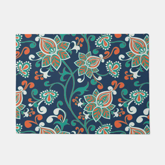 Red Teal Floral Wallpaper Pattern Doormat | Zazzle
