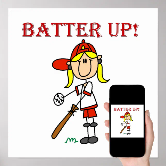 Red Text Batter Up Girls Softball Shirts and Gifts Poster | Zazzle