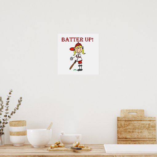 Red Text Batter Up Girls Softball Shirts and Gifts Poster | Zazzle
