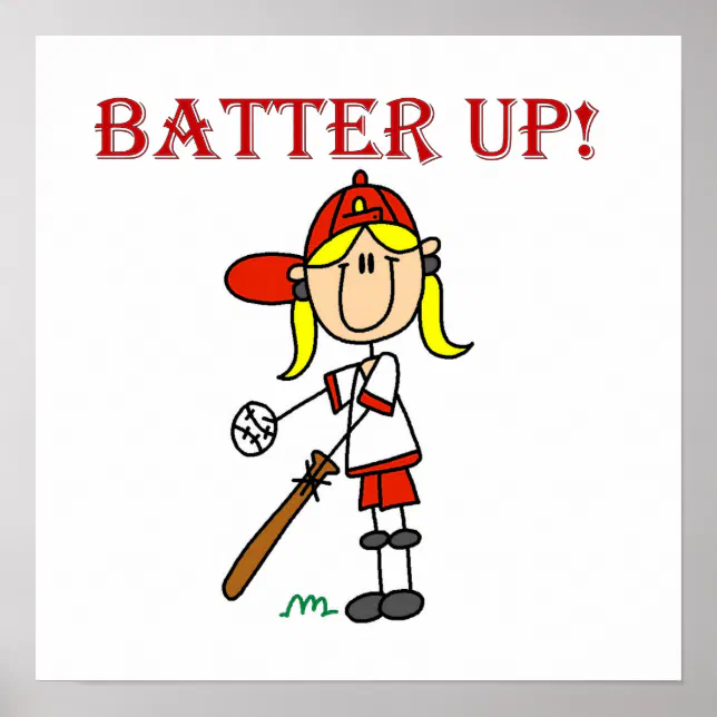 Red Text Batter Up Girls Softball Shirts and Gifts Poster | Zazzle