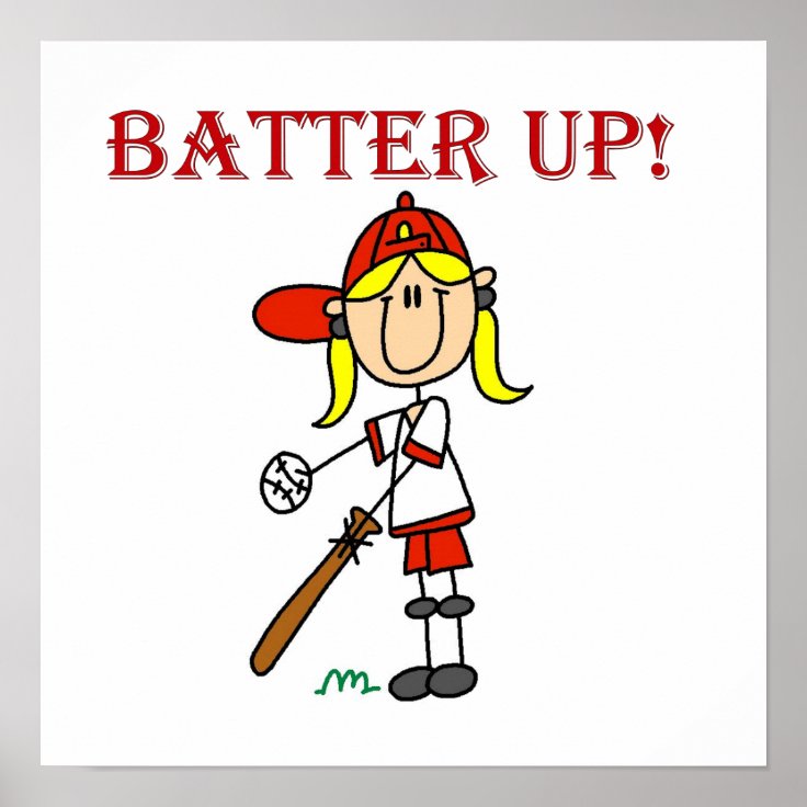 Red Text Batter Up Girls Softball Shirts and Gifts Poster | Zazzle