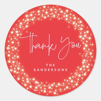 Red Thank You Sparkling Lights Christmas Classic Round Sticker | Zazzle