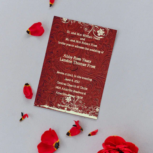 Red Tooled Leather and Lace Wedding Invitation | Zazzle