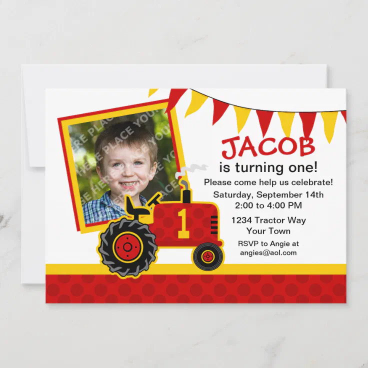 Red Tractor 1st Birthday Photo Invitation | Zazzle