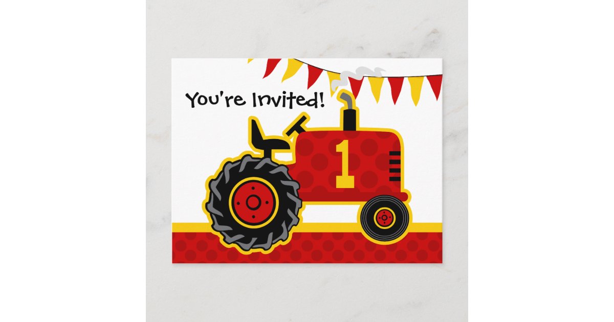 Red Tractor 1st Birthday Postcard Invitation | Zazzle