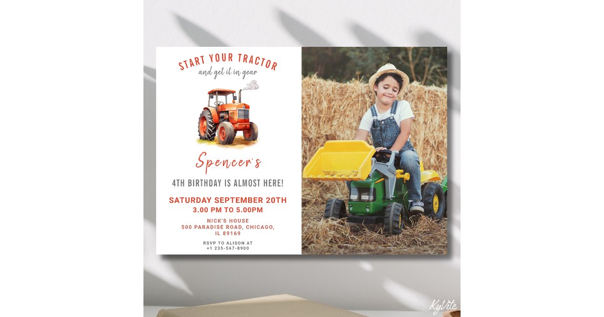 Red Tractor Birthday Invitation with Photo | Zazzle