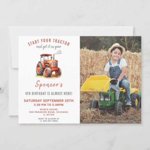 Red Tractor Birthday Invitation with Photo | Zazzle