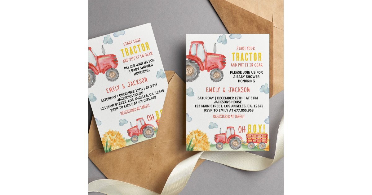 Red Tractor Birthday Party Baby Shower Invitation | Zazzle