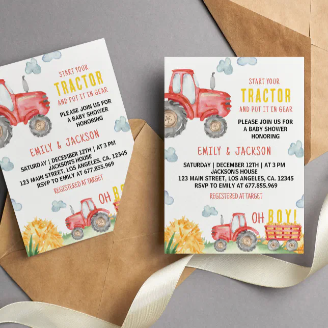 Red Tractor Birthday Party Baby Shower Invitation | Zazzle
