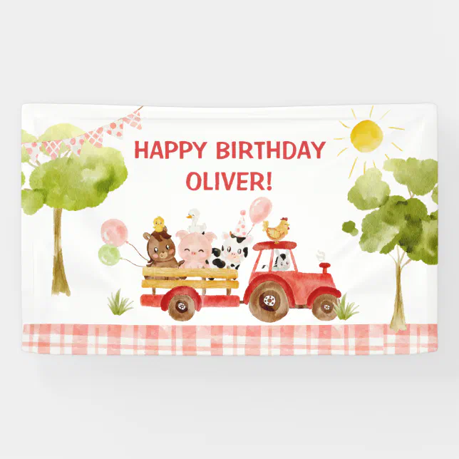 Red tractor farm animals birthday party banner | Zazzle