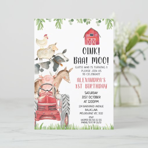 Red Tractor Farm Animals Oink Baa Moo 1st Birthday Invitation | Zazzle