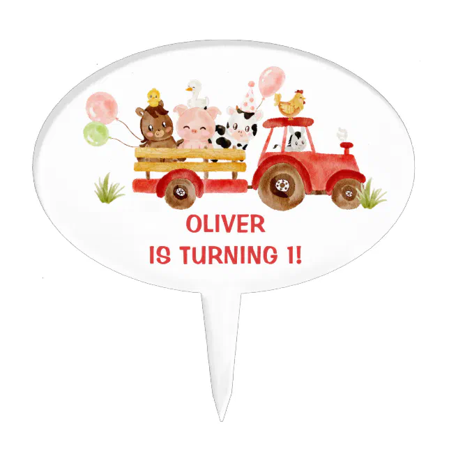 Red tractor farm animals Oval Cakepick | Zazzle