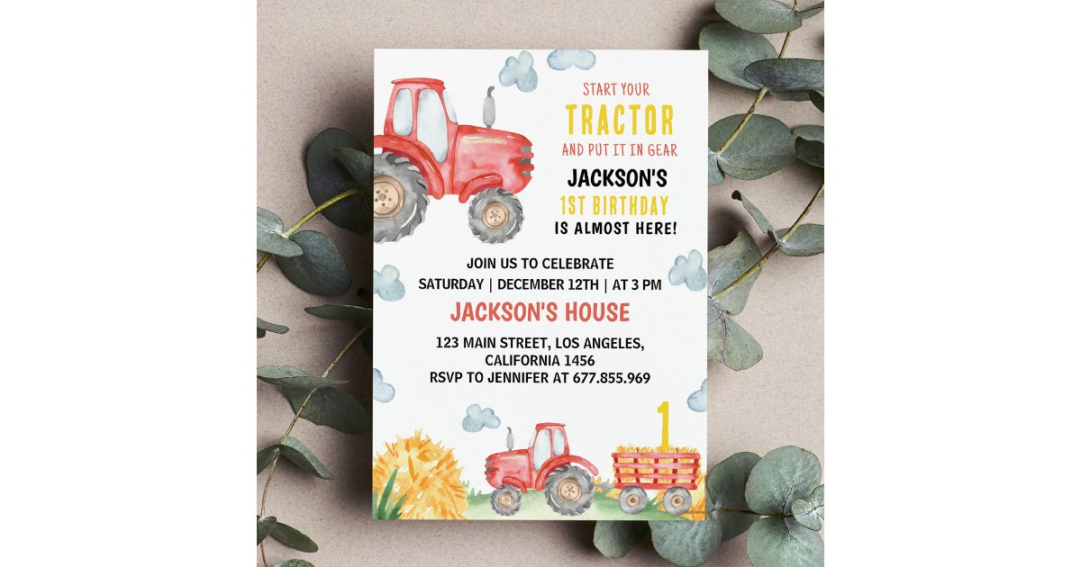Red Tractor Farm Birthday Party Invitation | Zazzle