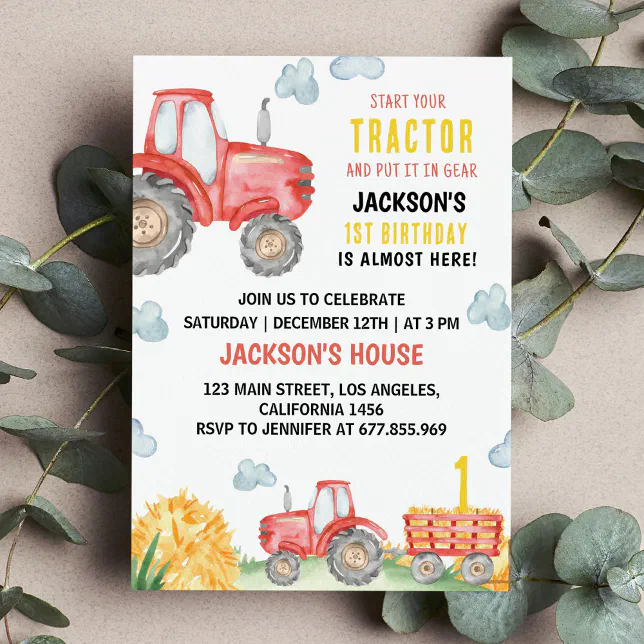 Red Tractor Farm Birthday Party Invitation | Zazzle