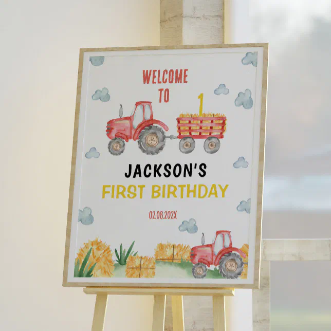 Red Tractor Farm First Birthday Welcome Sign | Zazzle