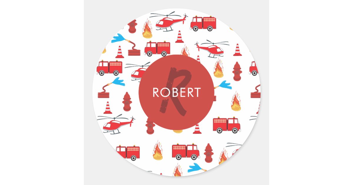 Red Transport Fire Truck Engine Brigade Monogram Classic Round Sticker ...
