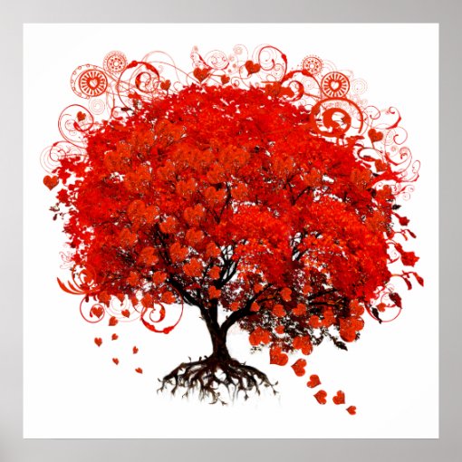 Red Tree With Hearts Leaves Falling Poster | Zazzle