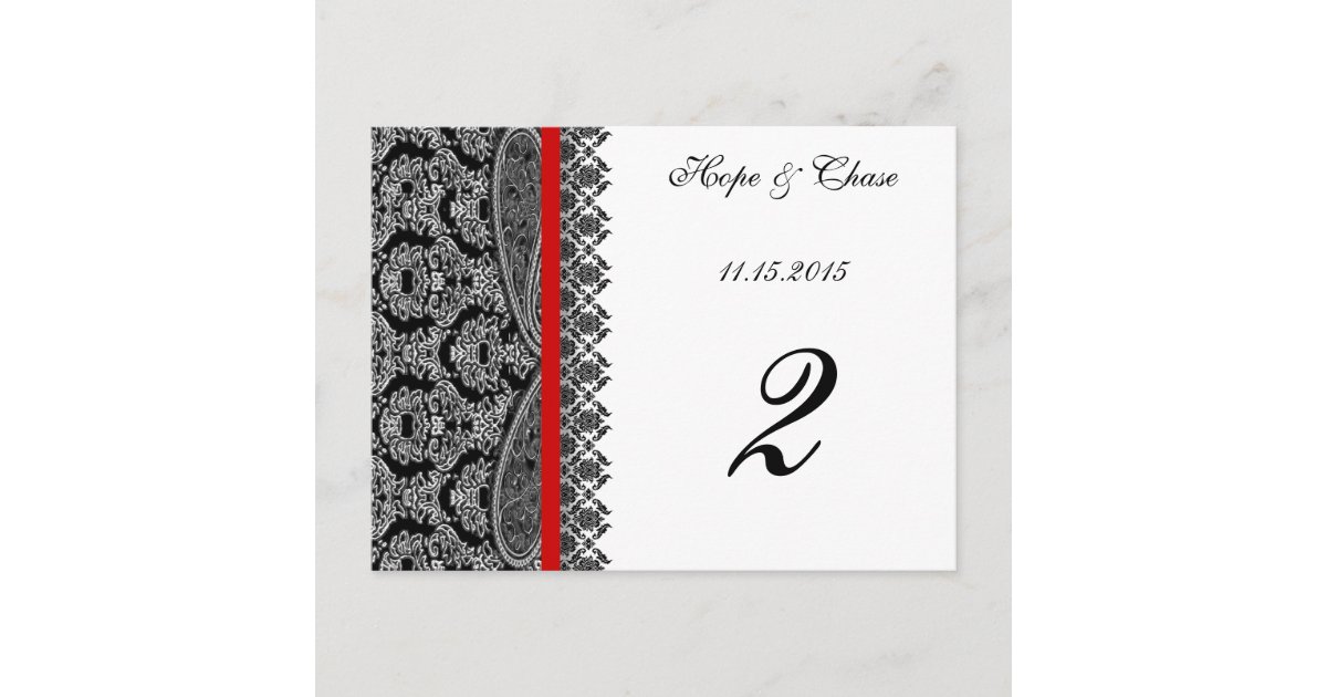 Red TrimBlack Damask Table Number Cards | Zazzle