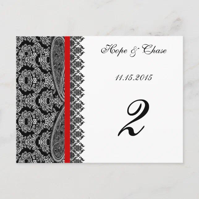 Red TrimBlack Damask Table Number Cards | Zazzle
