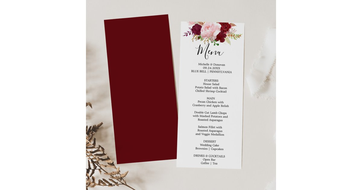 Red Tropical and Romantic Dinner Menu Card | Zazzle
