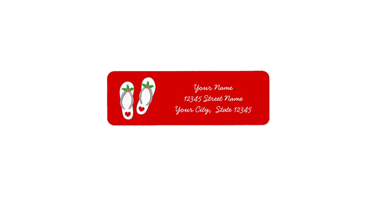 Red tropical Christmas holly leaf beach flip flops Label | Zazzle