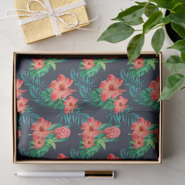 Red Tropical Floral on Navy Tissue Paper | Zazzle