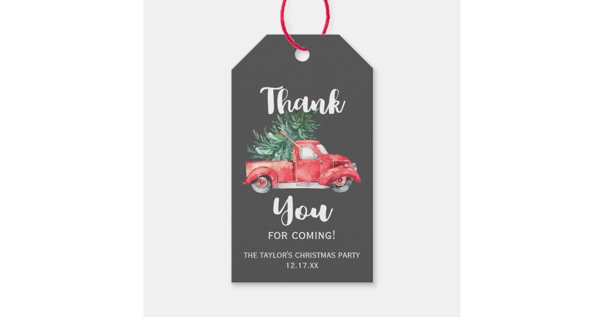 Red Truck and Tree Gray Christmas Party Thank You Gift Tags | Zazzle