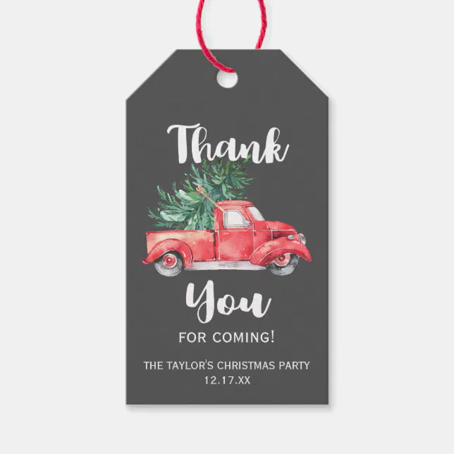 Red Truck and Tree Gray Christmas Party Thank You Gift Tags | Zazzle