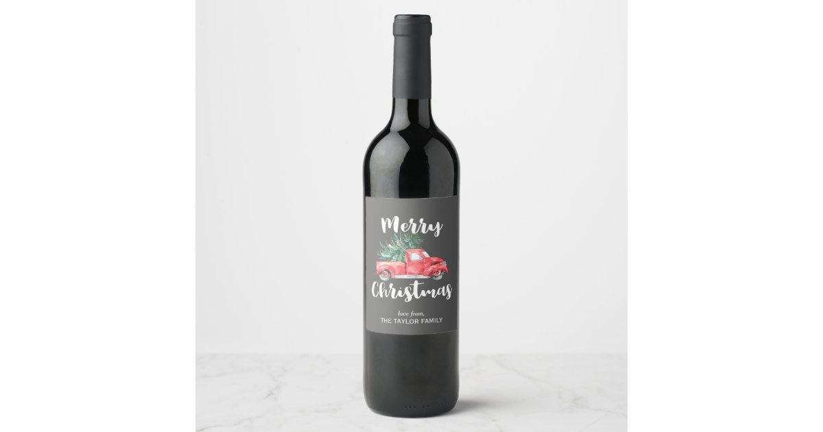Red Truck and Tree | Gray Merry Christmas Gift Wine Label | Zazzle