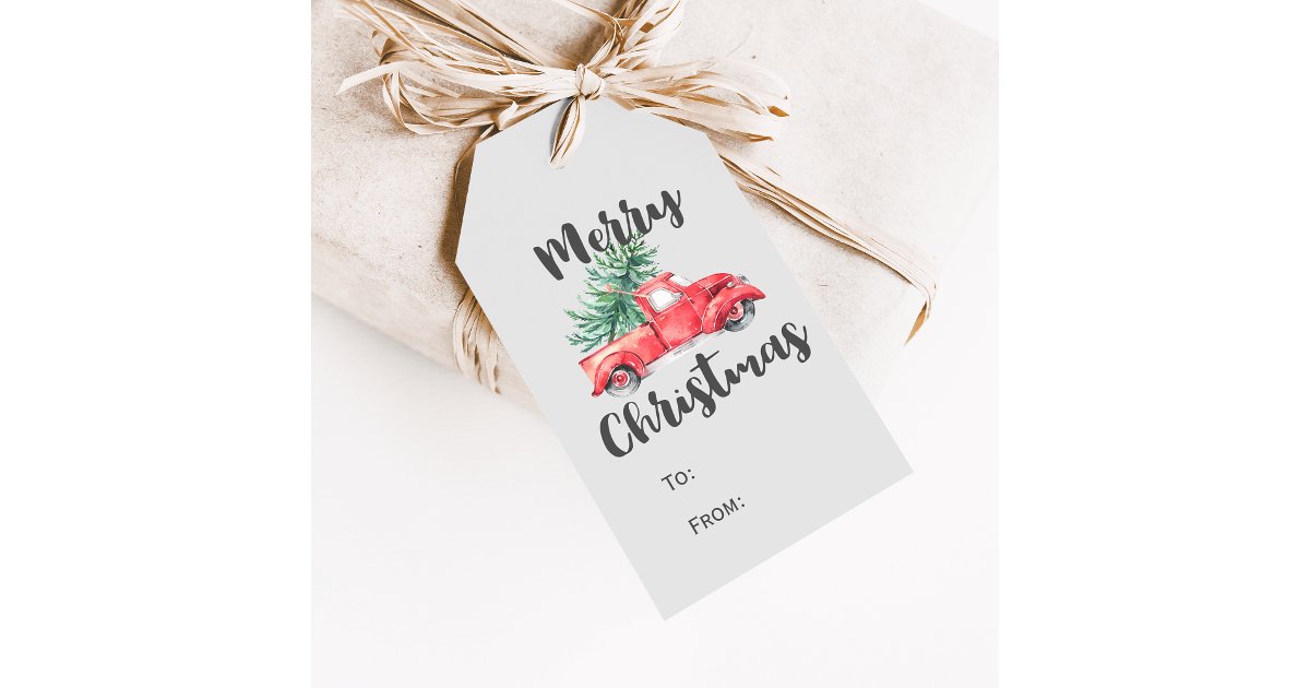 Red Truck and Tree Merry Christmas Name Gift Tags | Zazzle