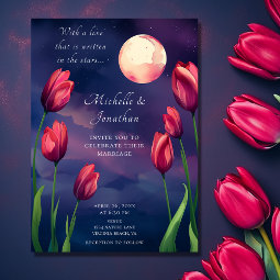 Red Tulips, Full Moon and Stars All in One Wedding Invitation | Zazzle
