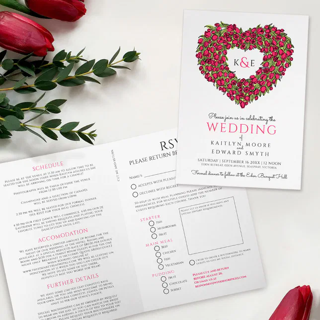Red tulips heart wedding all-in-one folded invitation | Zazzle