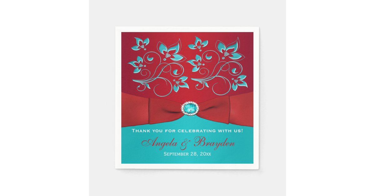 Red, Turquoise Floral Paper Napkins | Zazzle