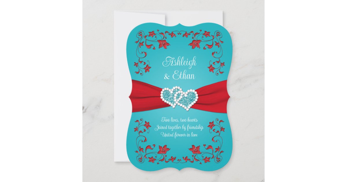 Red, Turquoise Love Hearts Wedding Invitation | Zazzle