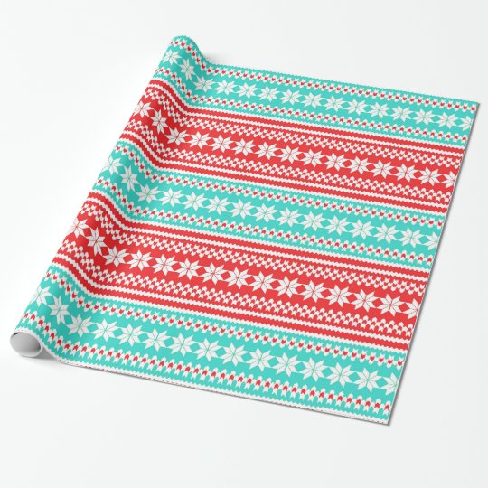Red Turquoise Norwegian Christmas Sweater Pattern Wrapping Paper ...
