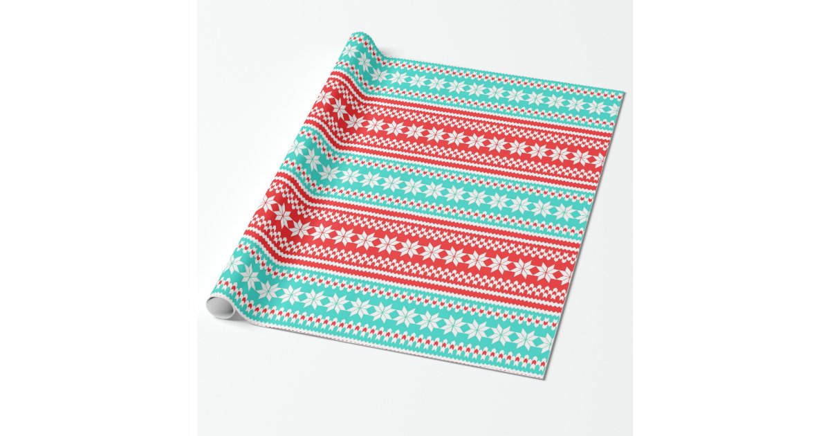 Red Turquoise Norwegian Christmas Sweater Pattern Wrapping Paper | Zazzle