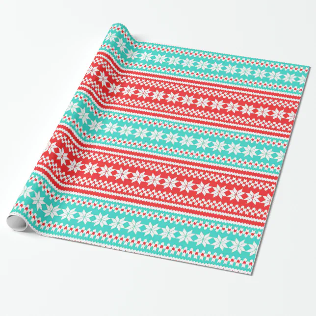 Red Turquoise Norwegian Christmas Sweater Pattern Wrapping Paper | Zazzle