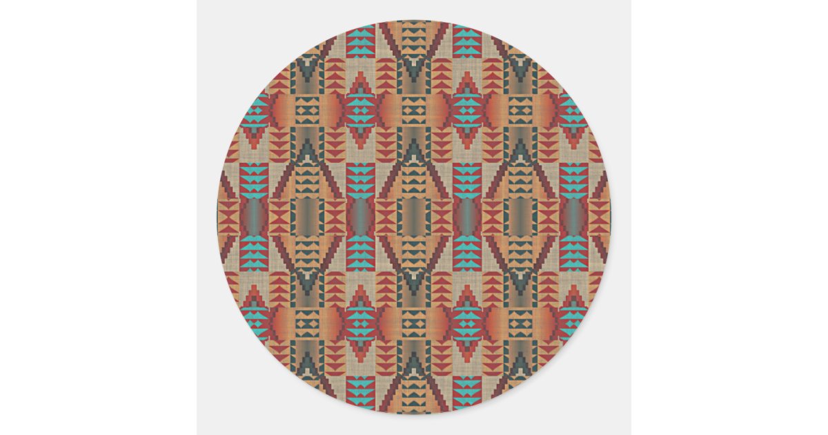 Red Turquoise Orange Brown Ethnic Pattern Art Classic Round Sticker ...