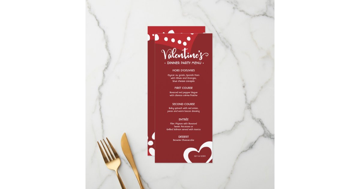 Red Valentine's day Hearts Custom dinner party Menu | Zazzle