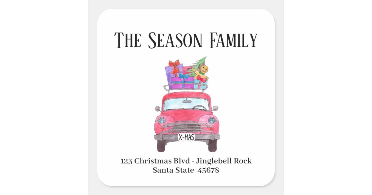 Red Vintage Car with Christmas Gifts Square Sticker | Zazzle