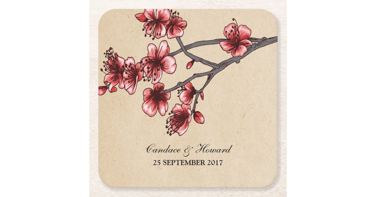 Red Vintage Cherry Blossoms Paper Coasters | Zazzle