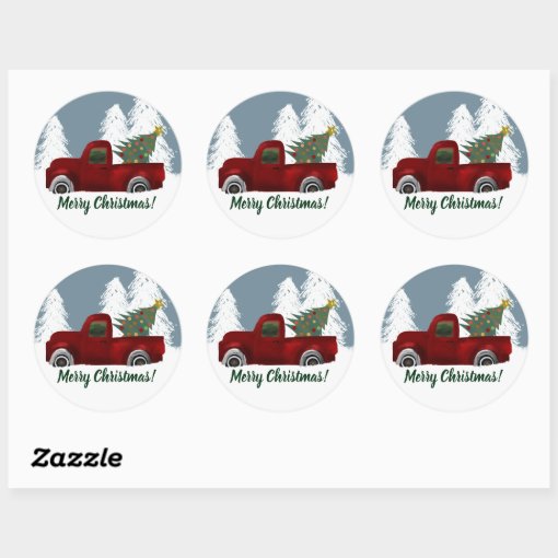 Red vintage Retro Truck and Christmas Tree Classic Round Sticker | Zazzle