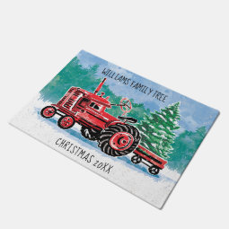 Red Vintage Tractor Christmas Tree Add Name Doormat | Zazzle