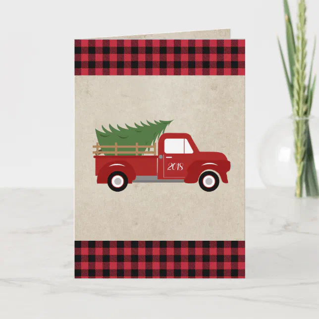 Red Vintage Truck Christmas Tree Custom Holiday Card | Zazzle