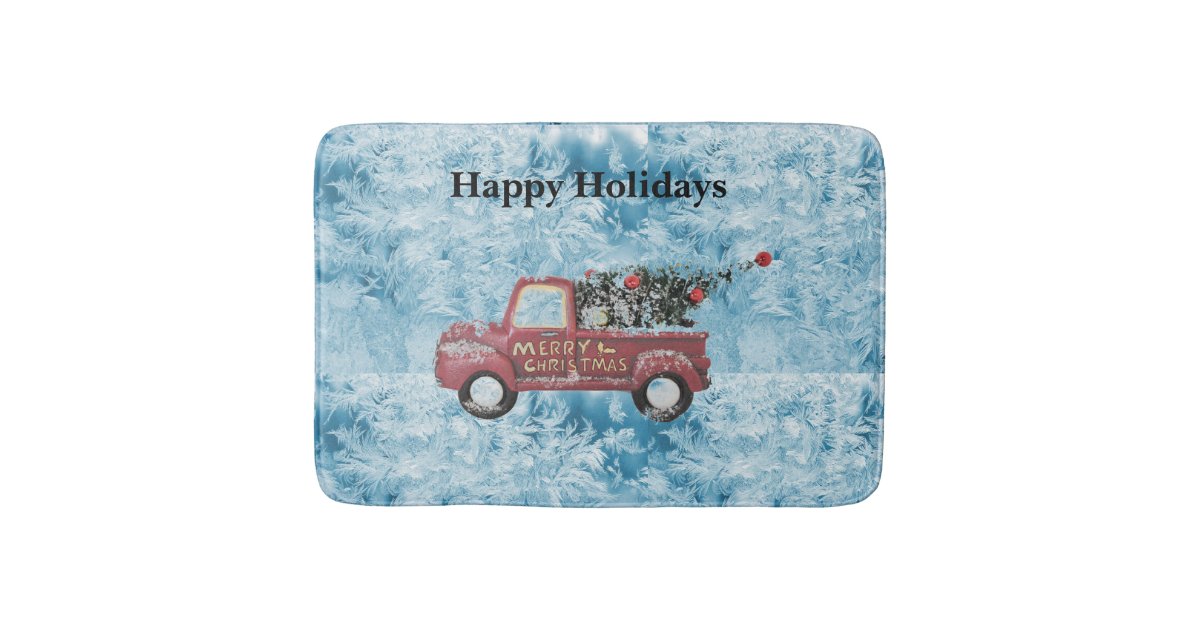 red vintage truck on a blue snowflake background bath mat | Zazzle
