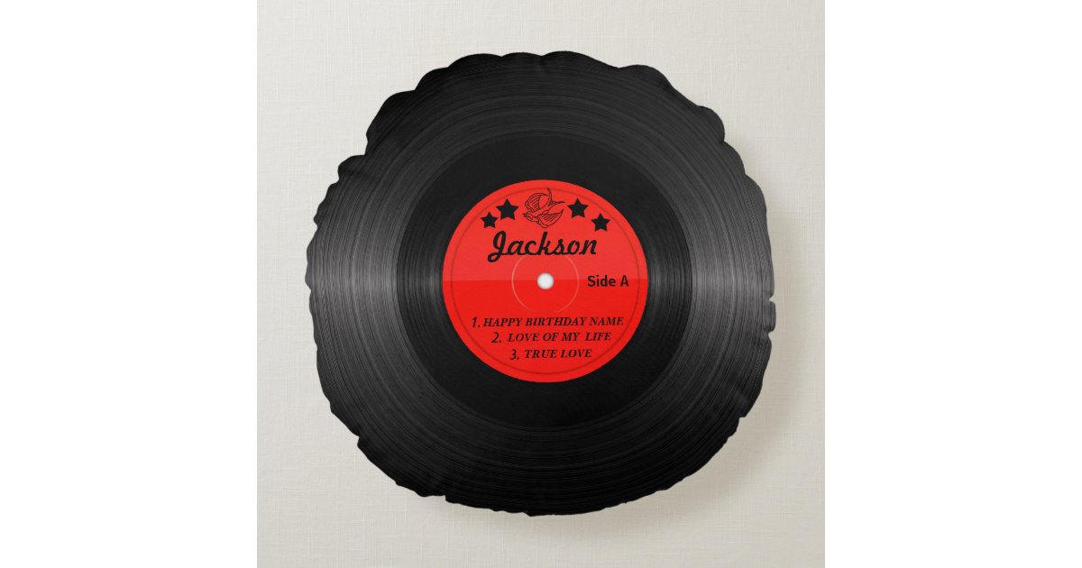 Red Vinyl Record Custom Name Label Round Pillow | Zazzle