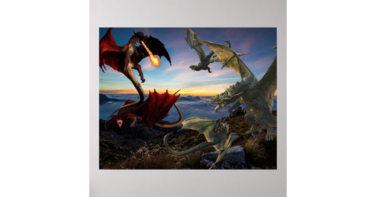 Red vs Green Dragons Battle Fantasy Fight Poster | Zazzle