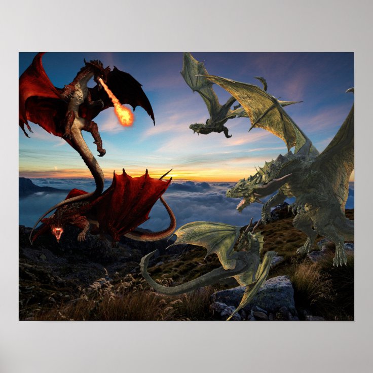 Red vs Green Dragons Battle Fantasy Fight Poster | Zazzle