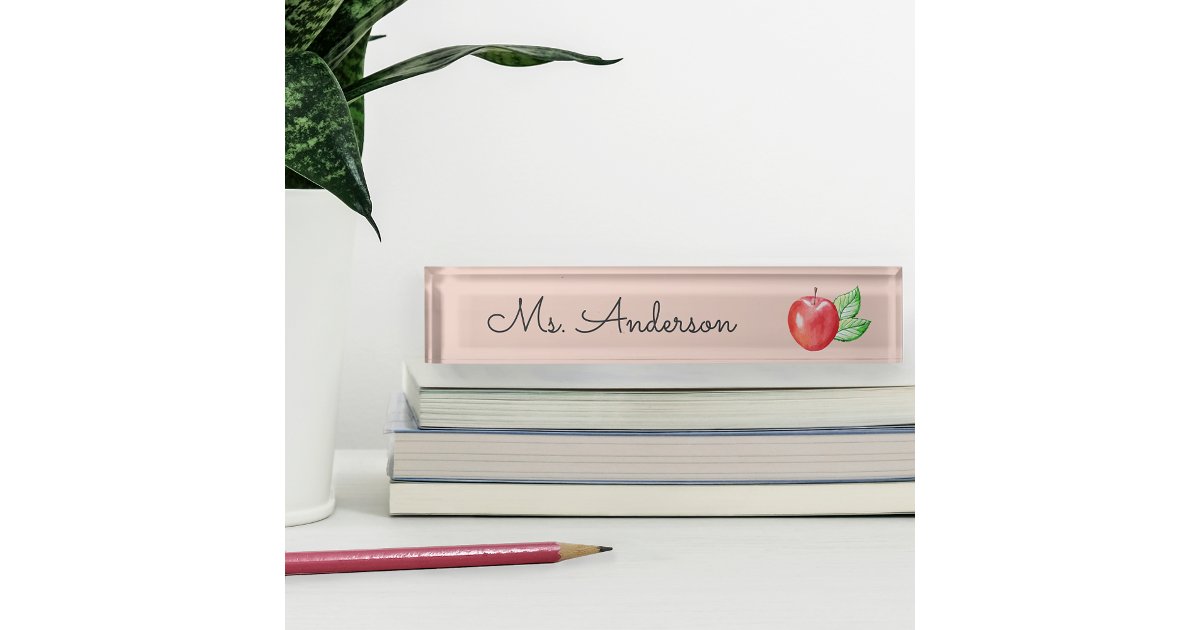 Red Watercolor Apple Personalized Teacher Desk Name Plate | Zazzle