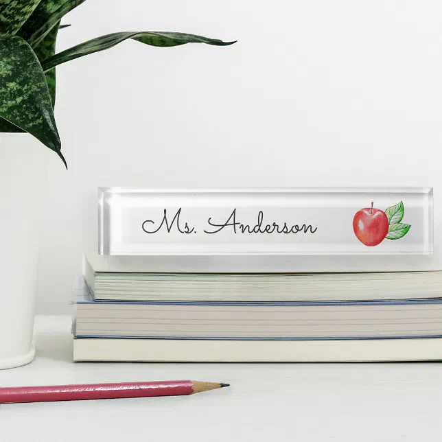 Red Watercolor Apple Personalized Teacher Name Plate | Zazzle